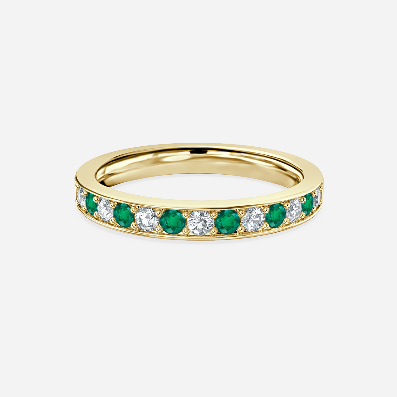 Green Emerald And Diamond Wedding Ring Grain Set In Yellow Gold