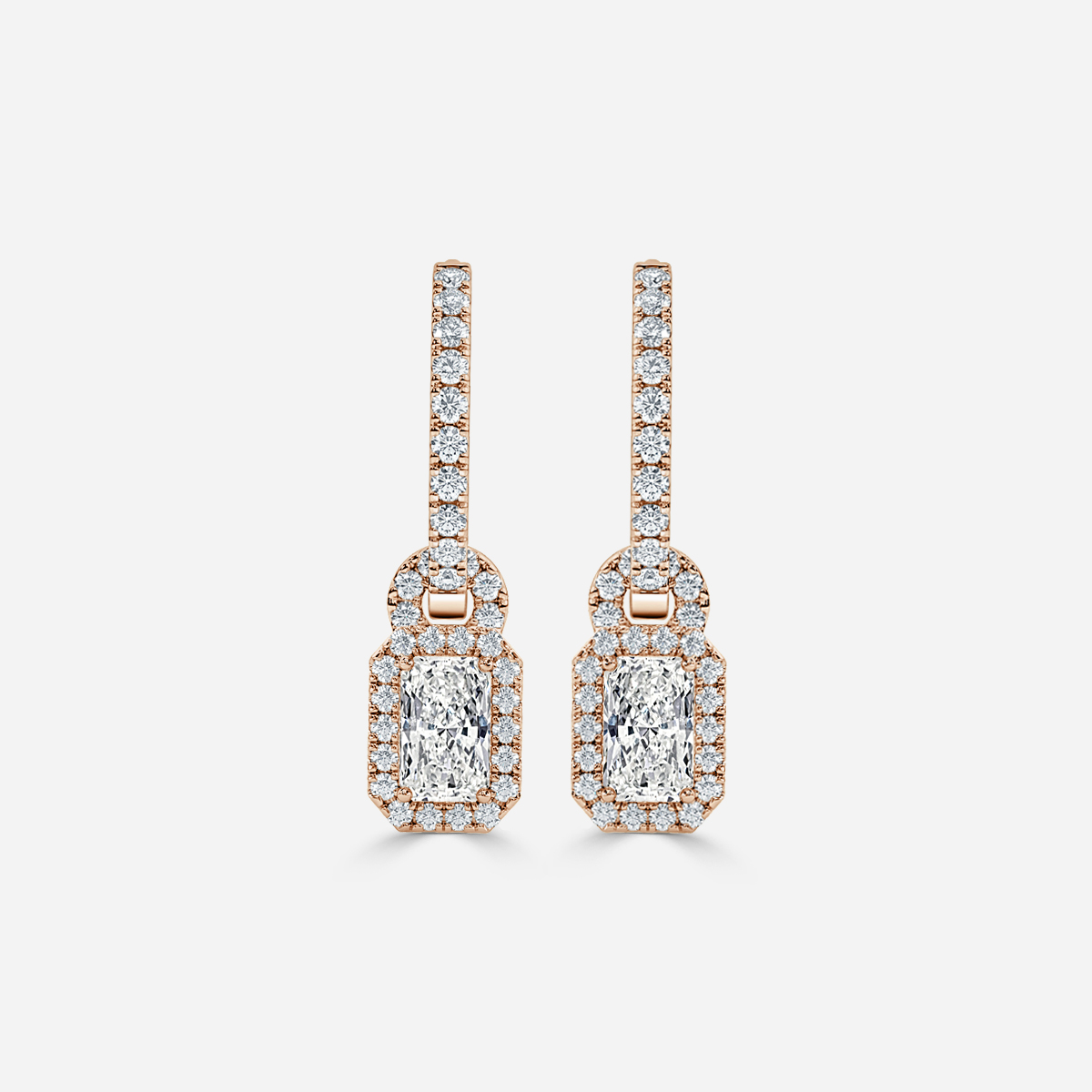 Halo Drop Radiant Diamond Earrings In Rose Gold - Flawless Fine Jewellery