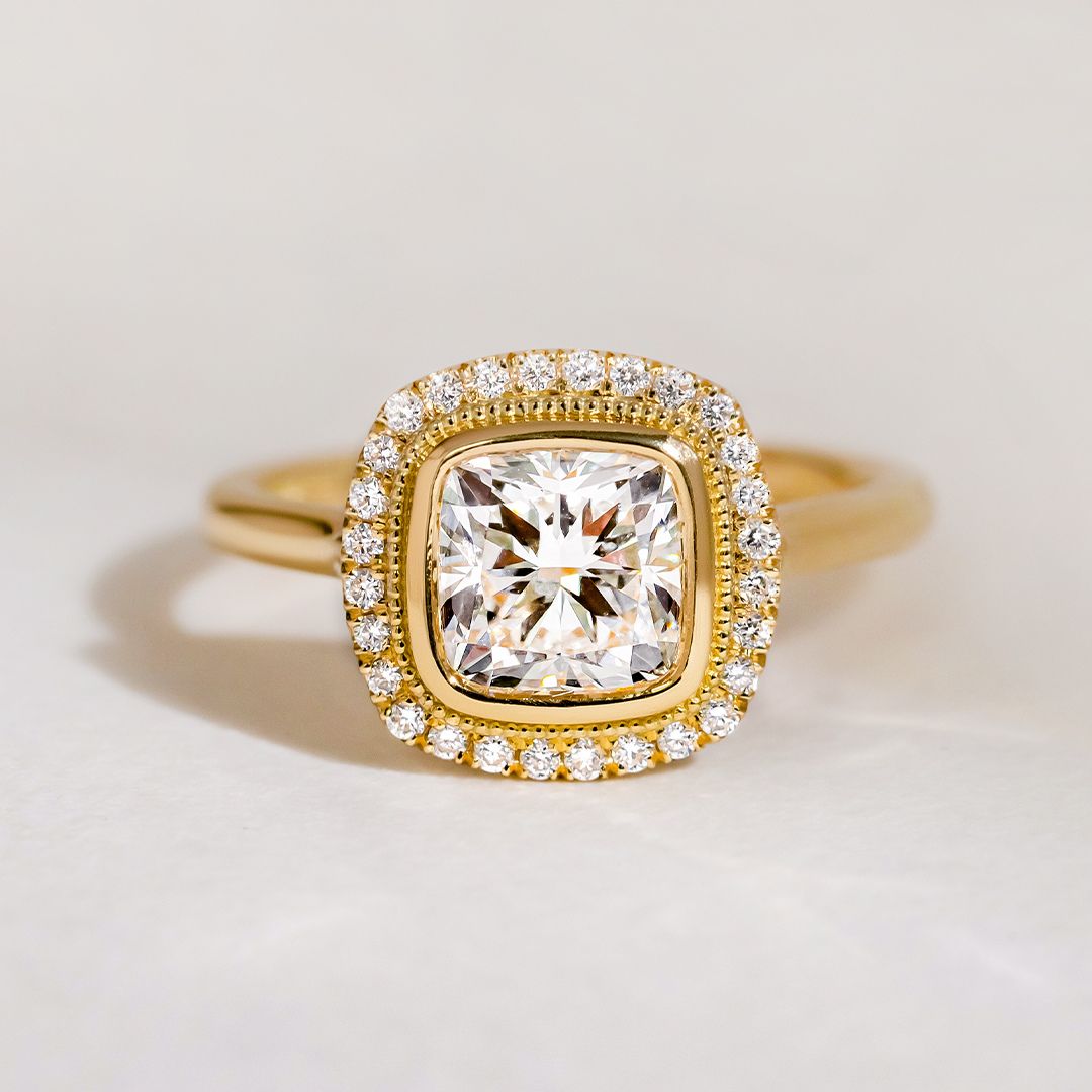 Lab grown Cushion Diamond Suri Yellow Gold Halo Engagement Ring-1.51ct