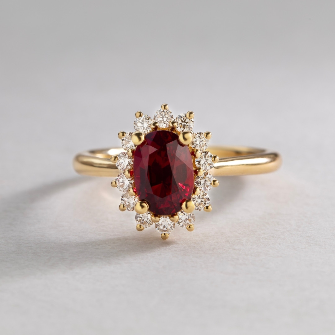 2 Carat Oval Ruby Diamond Cluster Engagement Ring In Yellow Gold ...