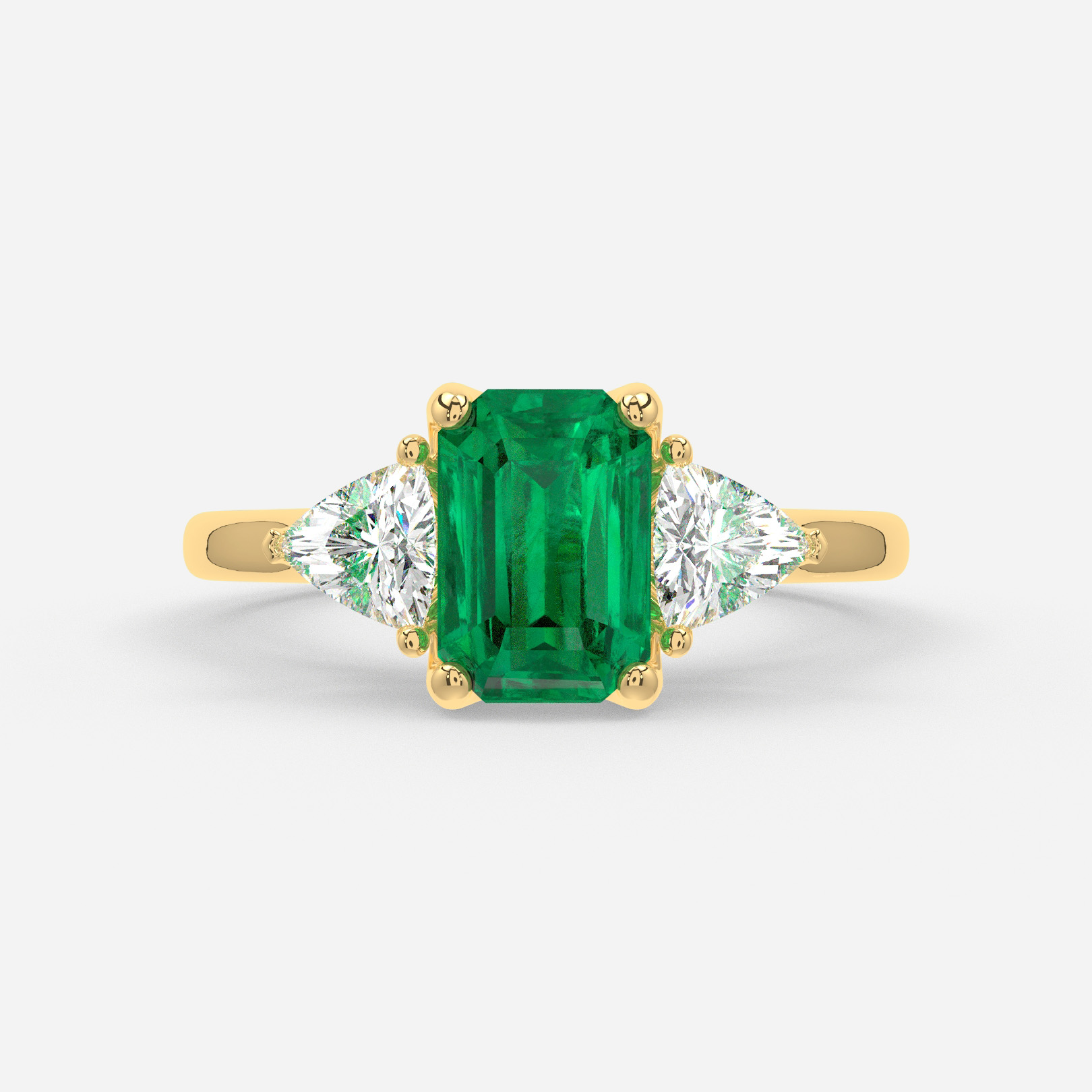 1 Carat Lab Grown Emerald Cut Emerald Trilogy Engagement Ring In Yellow ...