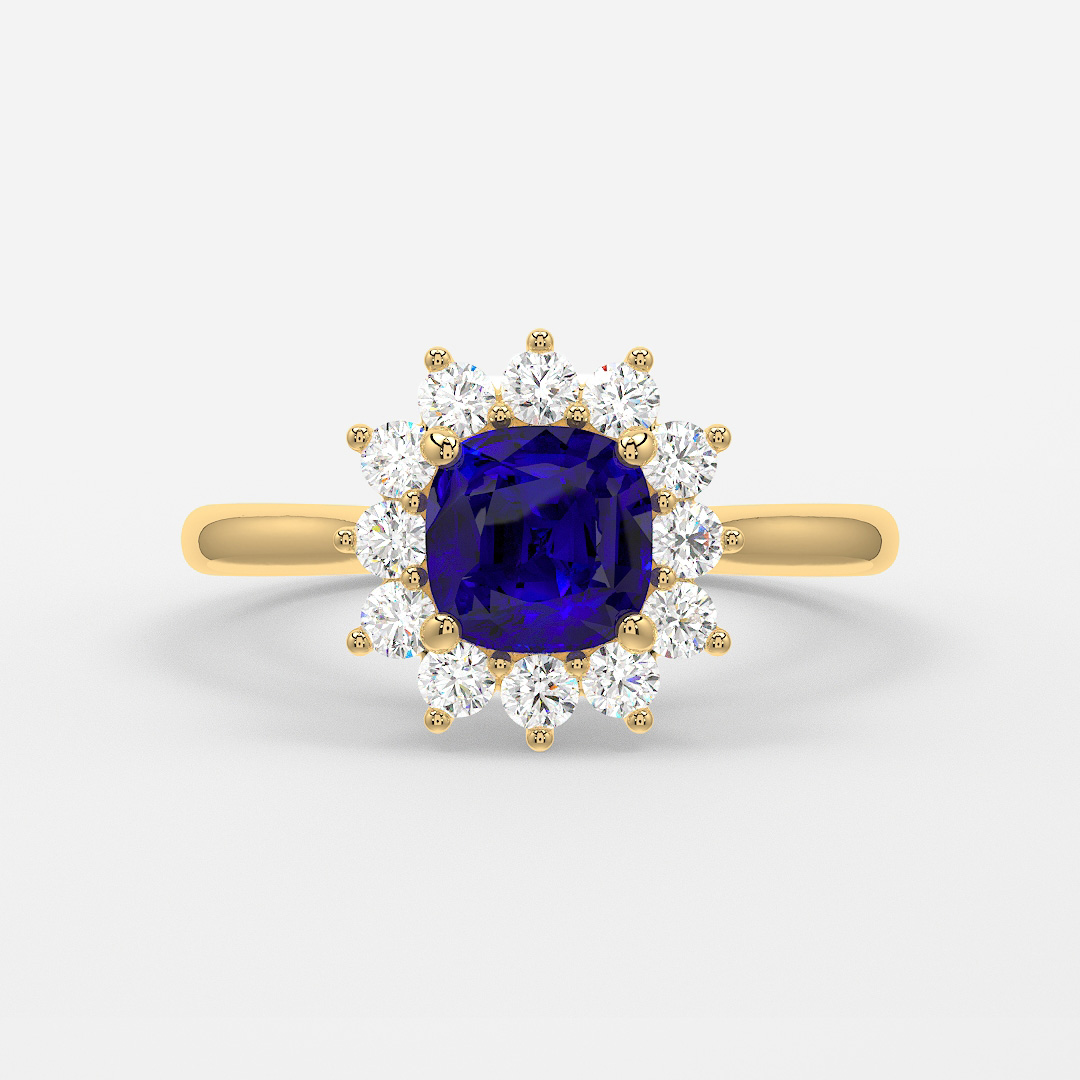 1 Carat Lab Grown Cushion Sapphire Cluster Engagement Ring In Yellow ...