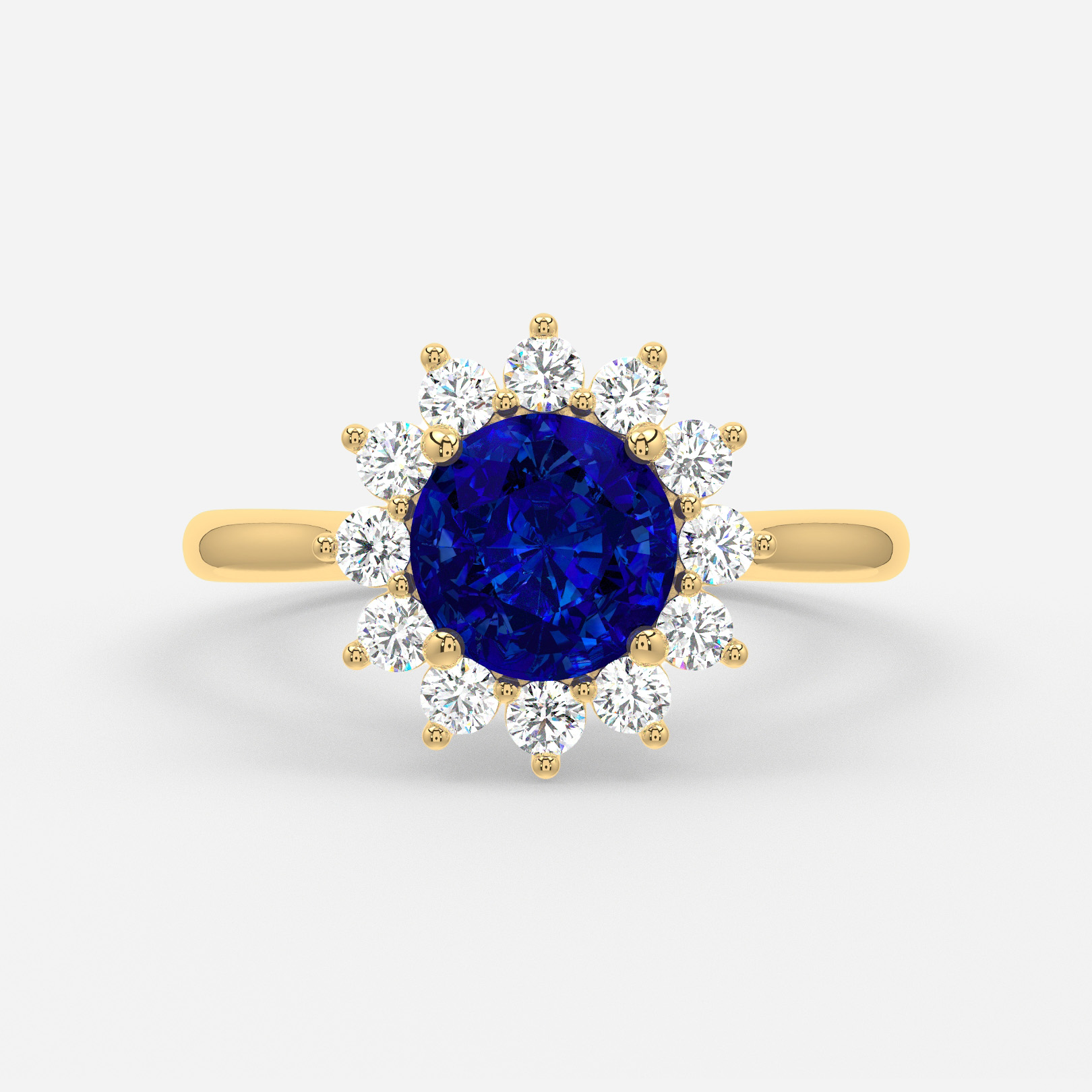 1 Carat Lab Grown Round Sapphire Cluster Engagement Ring In Yellow Gold ...