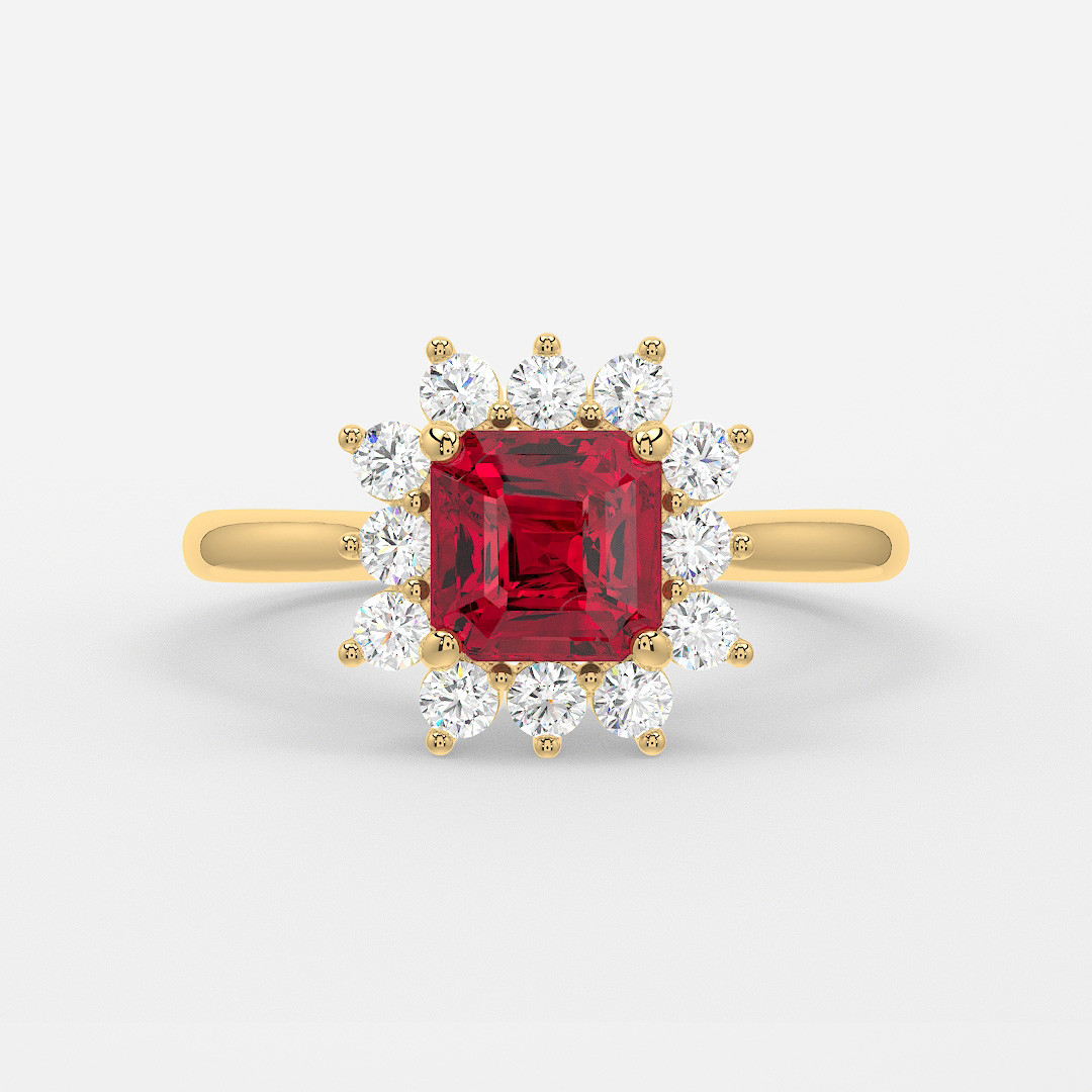 1 Carat Lab Grown Asscher Ruby Cluster Engagement Ring In Yellow Gold ...
