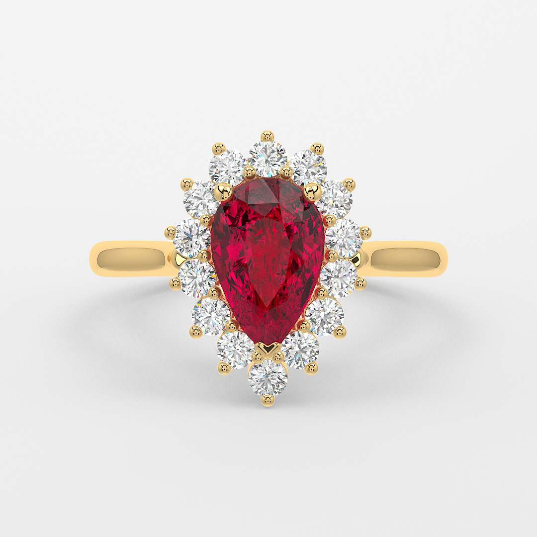 1 Carat Lab Grown Pear Ruby Cluster Engagement Ring In Yellow Gold ...