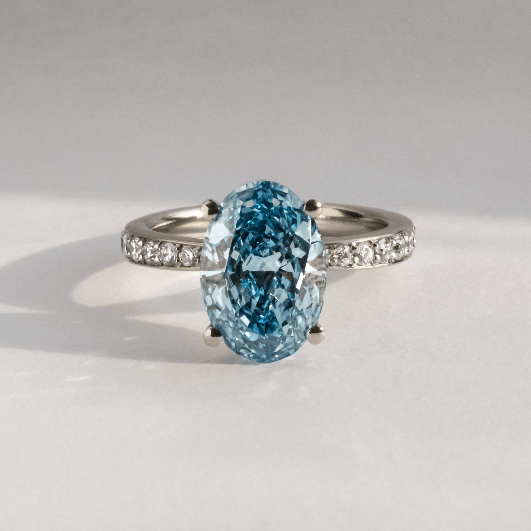 3.50 Carat Oval Blue Diamond Grain Set White Gold Engagement Ring - Hadid