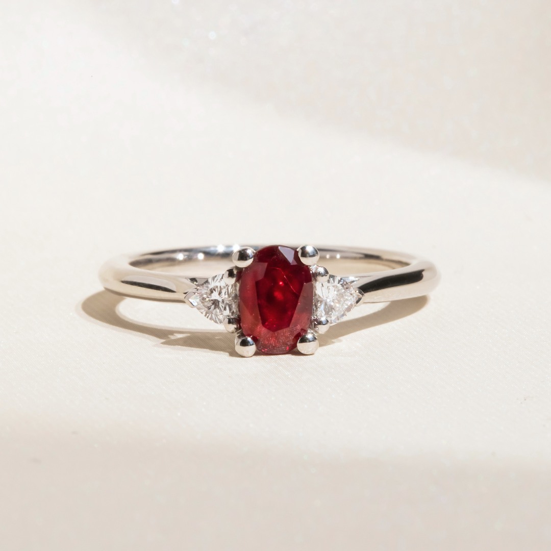 0.65 Carat Oval Ruby Trilogy Engagement Ring In Platinum - Venus