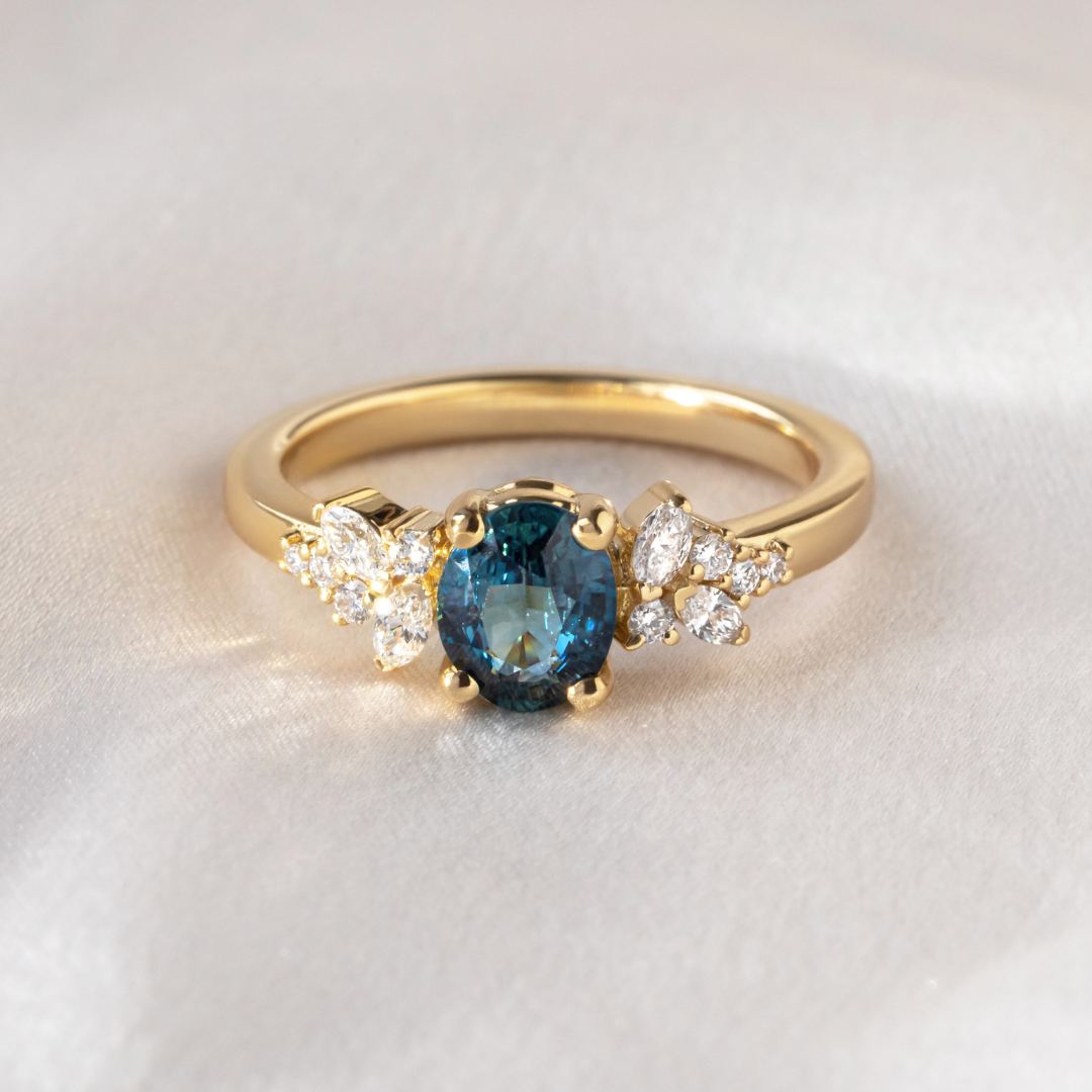 1.57 Carat Oval Teal Sapphire Cluster Engagement Ring In Yellow Gold ...