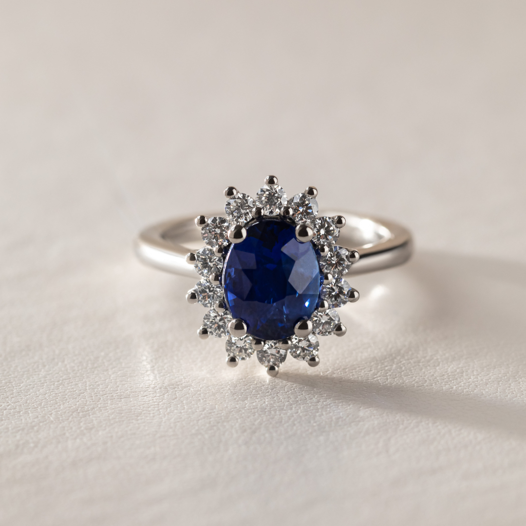 2.52 Carat Oval Blue Sapphire Cluster Engagement Ring In Platinum ...